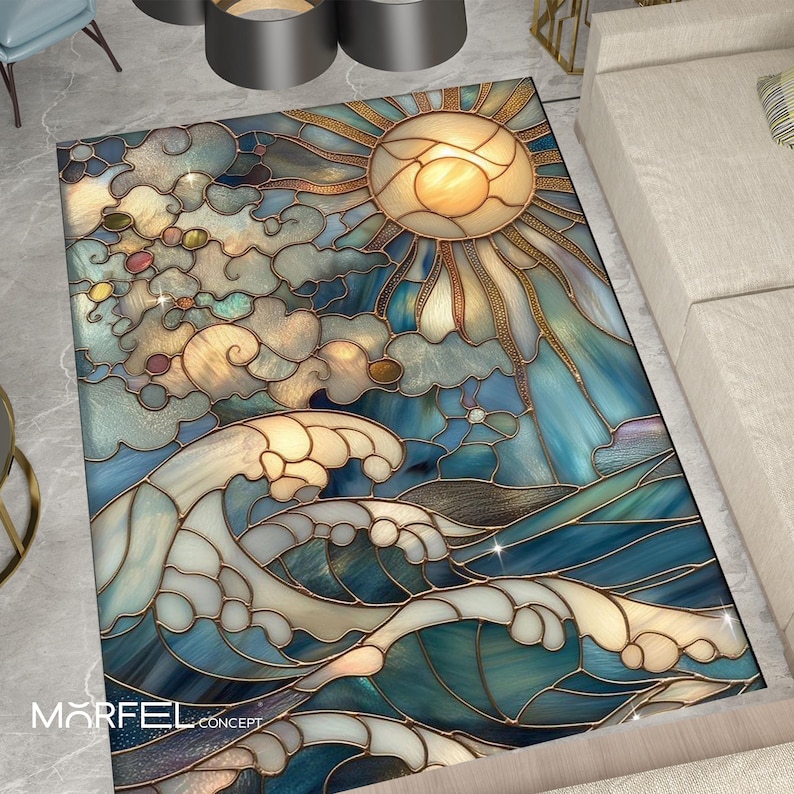 Stained Glass Wave Rug – Ocean and Sun Art Nouveau Carpet With Blue ...