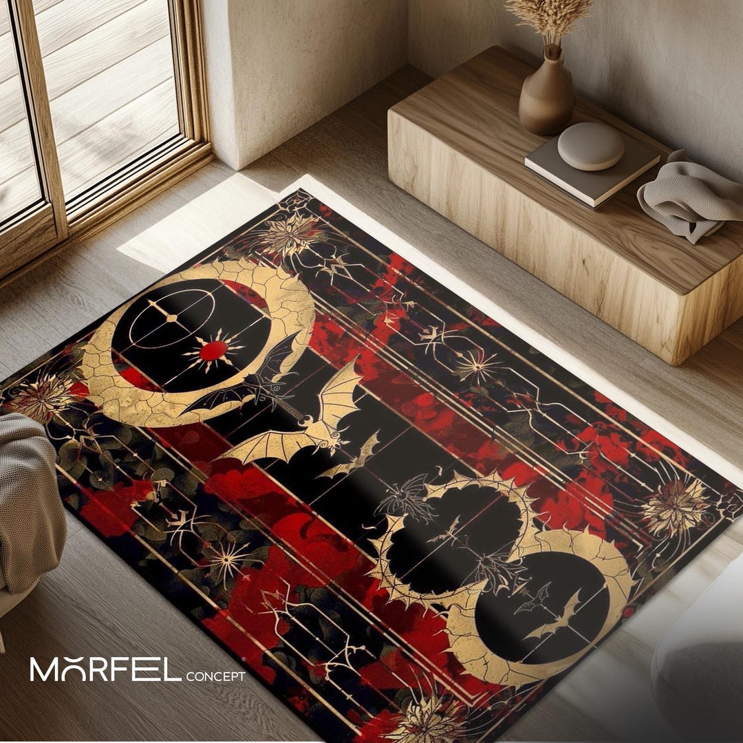 Gothic Vampire Rug: Black & Red Bat Carpet With Gold Details - Etsy