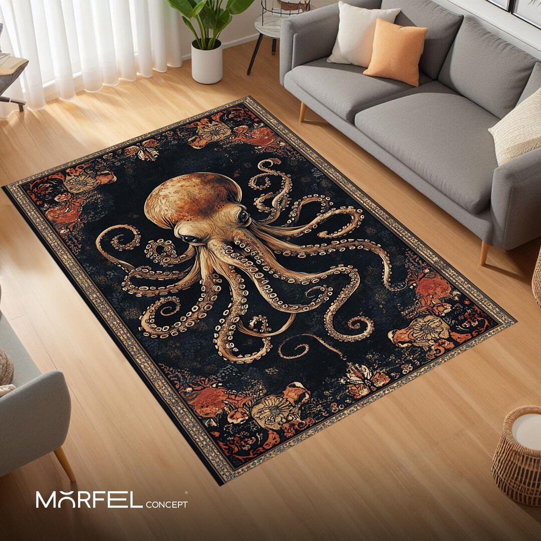Octopus Rug, Vintage Kraken Carpet, Nautical Gothic Decor, Black and ...