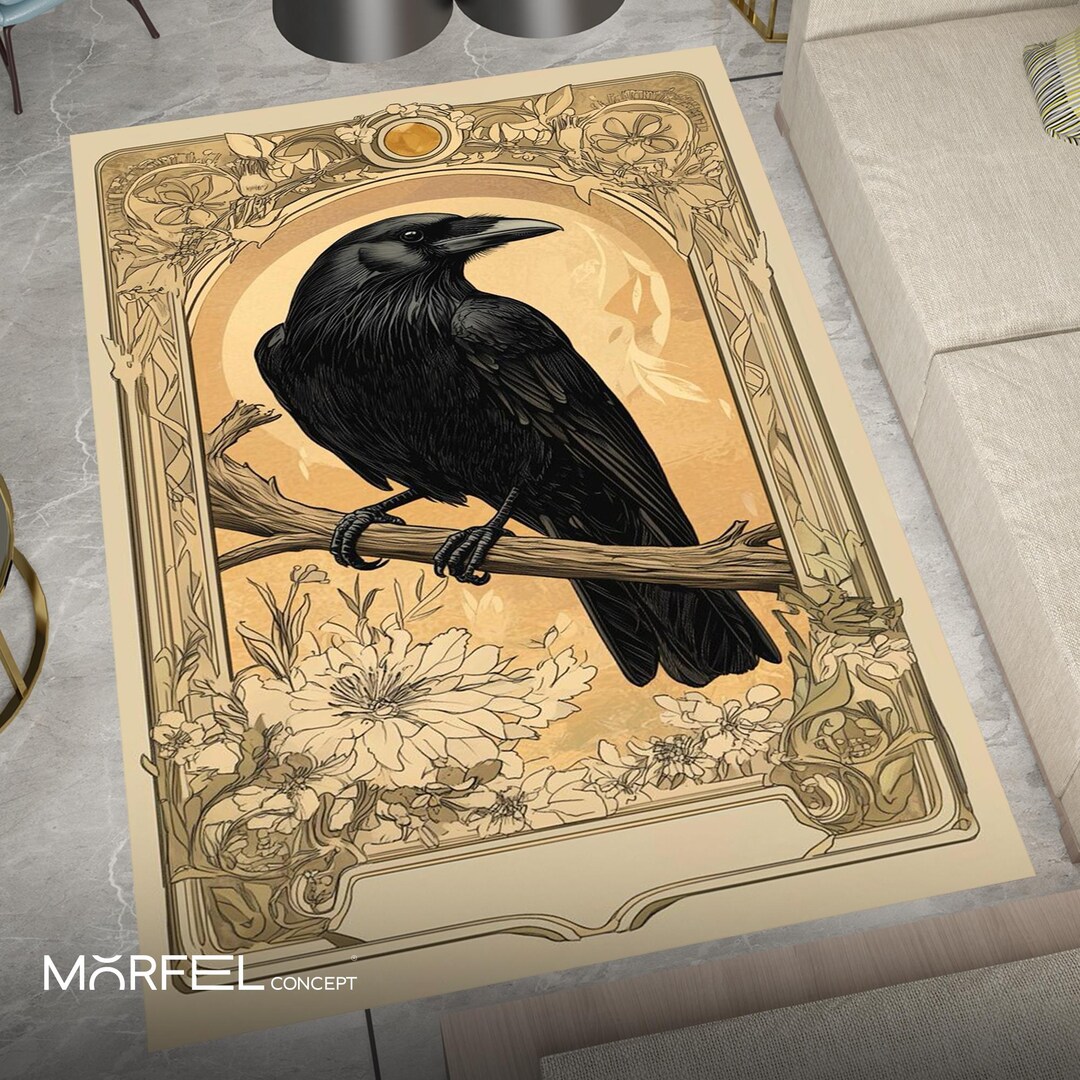 Gothic Raven Rug, Black Gothic Rug, Goth Crow Rug With Ankh and ...