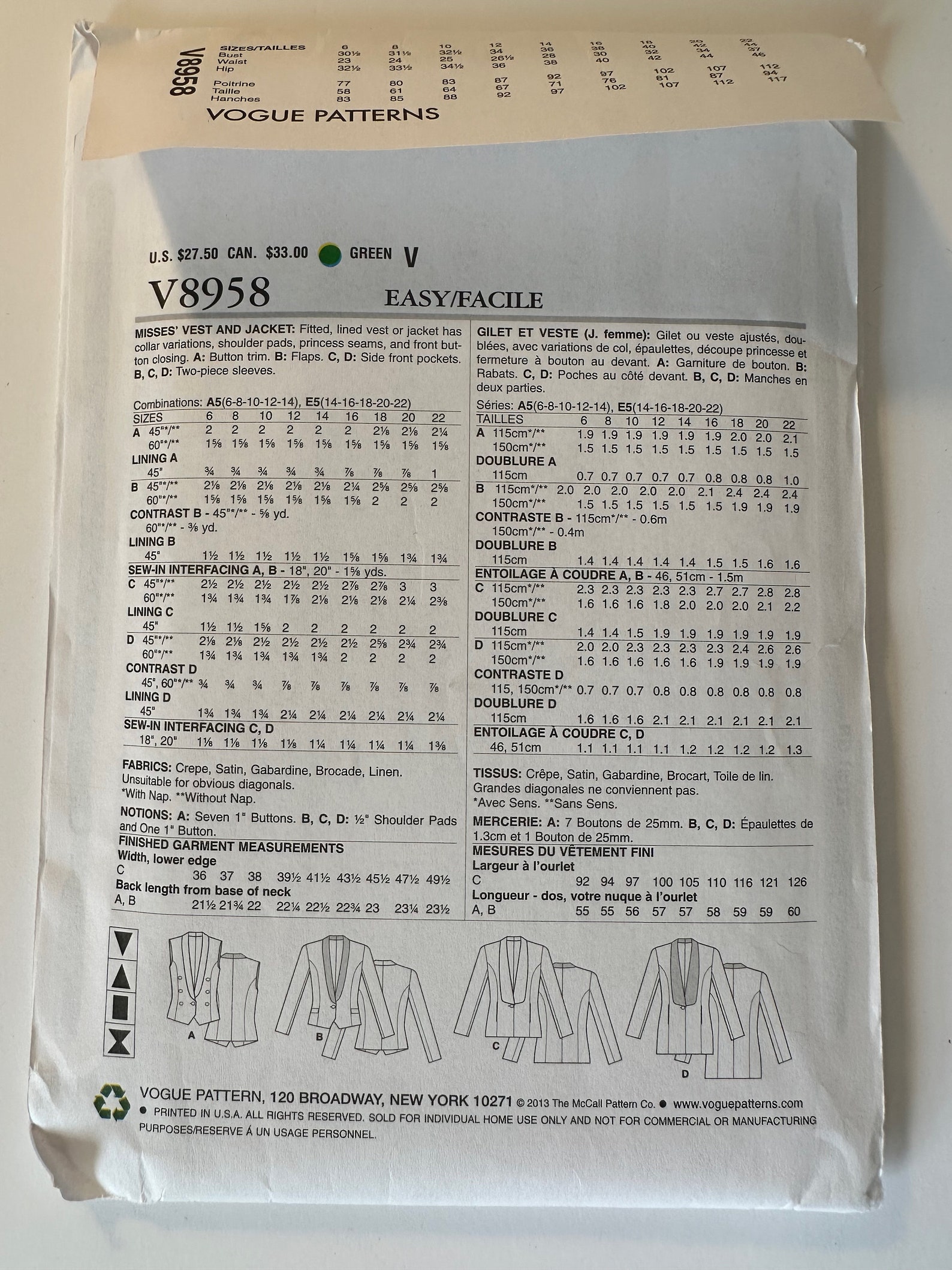 Vogue V8958 Vogue Patterns Jacket Pattern Uncut and Factory Folded - Etsy