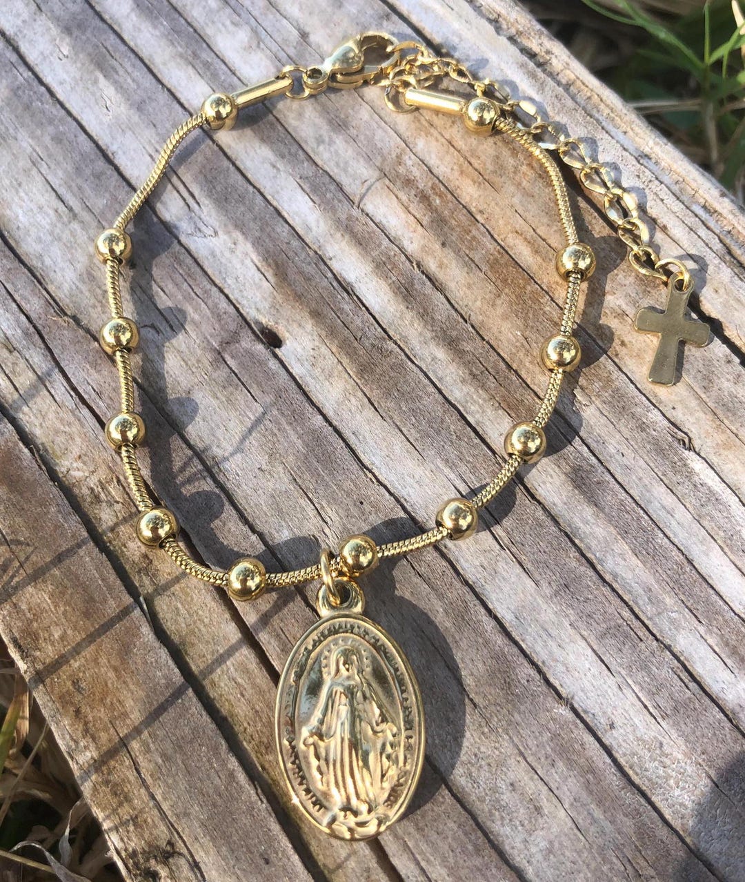 Miraculous Medal Pendant Gold Plated Bracelet, Mother Mary Bracelet ...