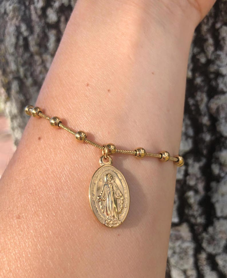 Miraculous Medal Pendant Gold Plated Bracelet, Mother Mary Bracelet ...