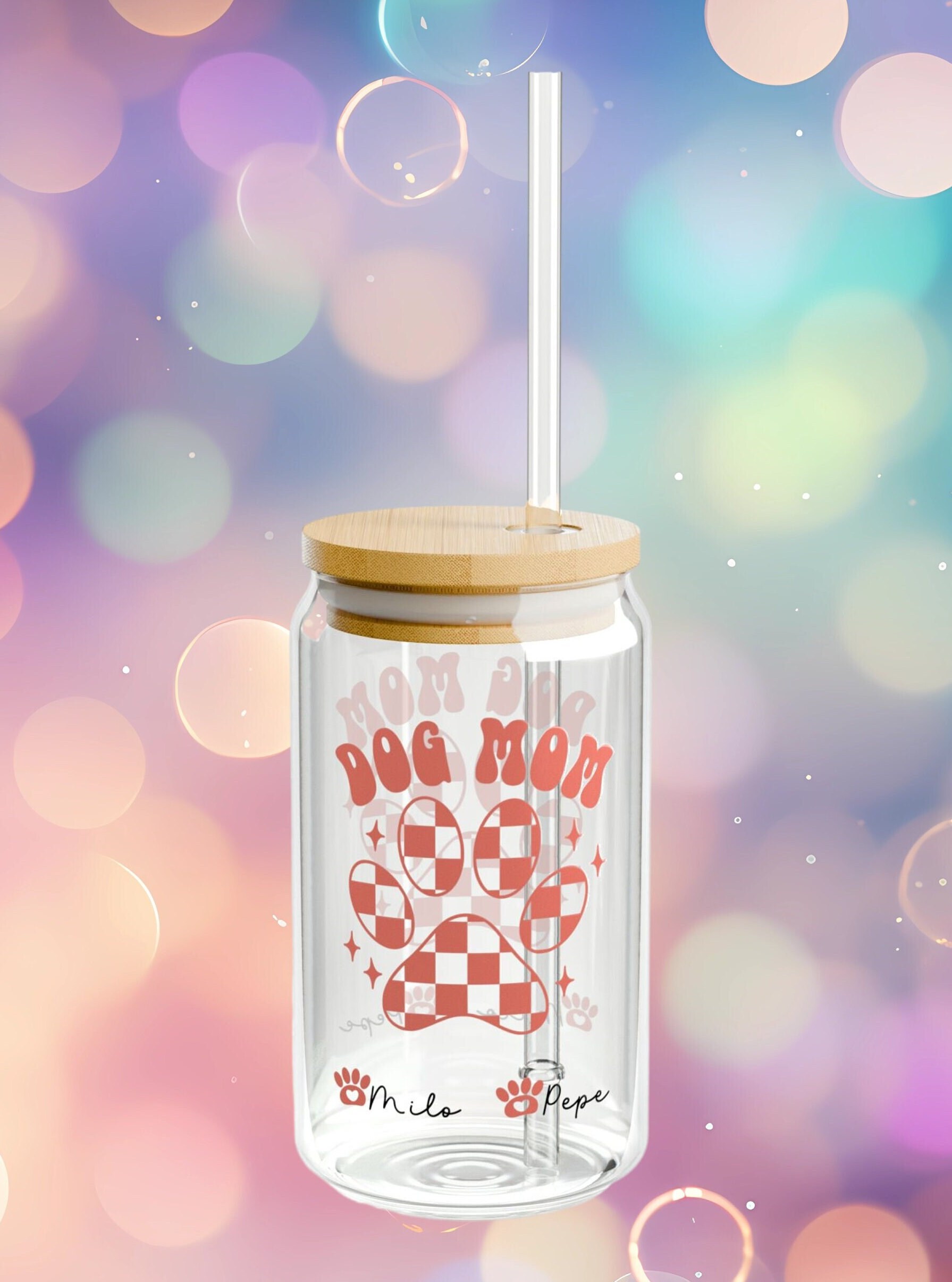 Custom Checkered Dog Mom Iced Coffee Cup With Lid and Straw, Dog Mom ...