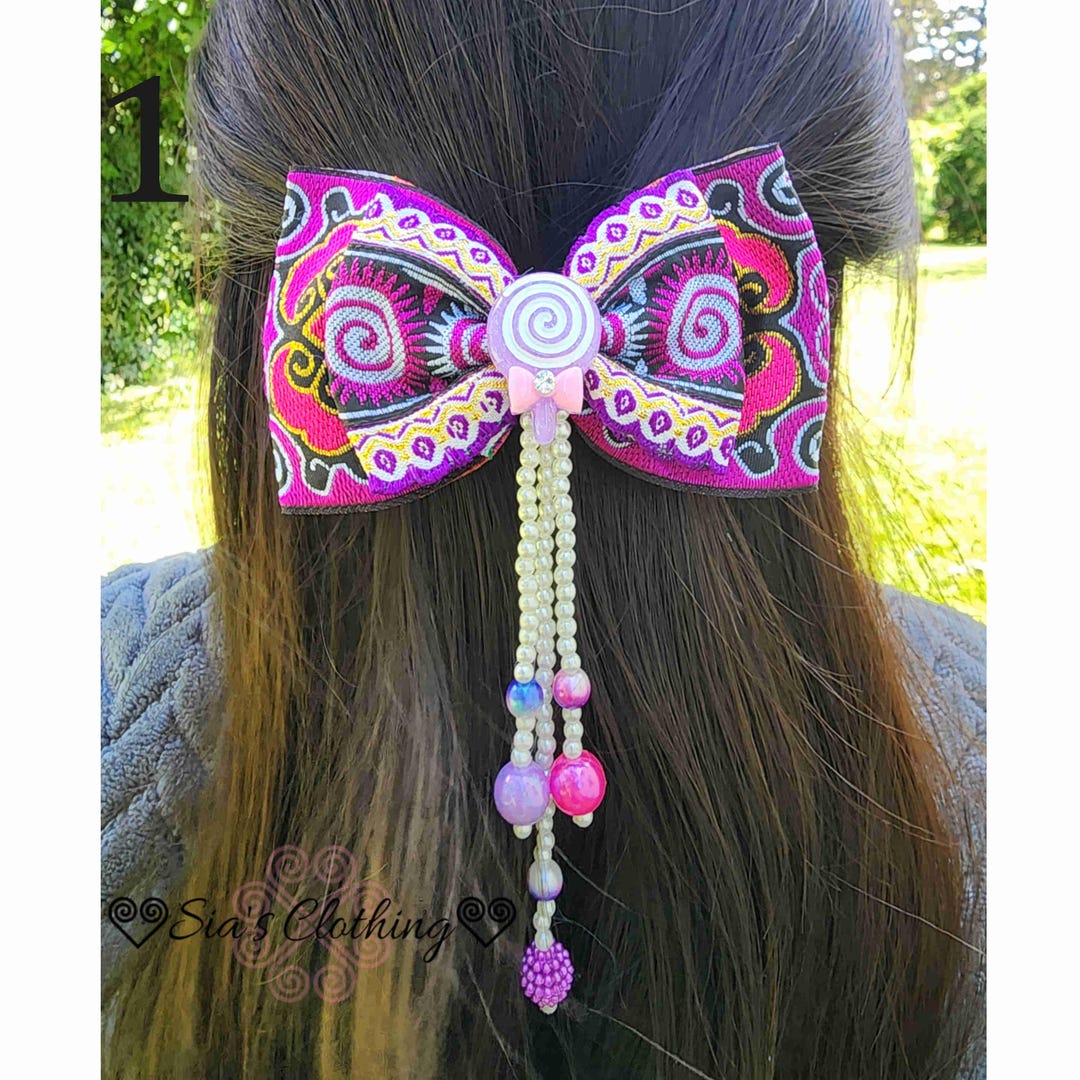 Hmong Girl Barrette Padao Big Bow With Beads Hair Clip Headband Hmong ...