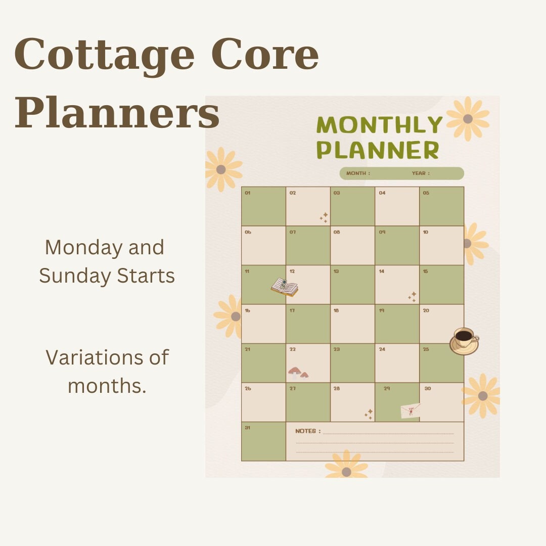Cottage Core Planner Printable, Monthly, Weekly, and Daily Planner ...