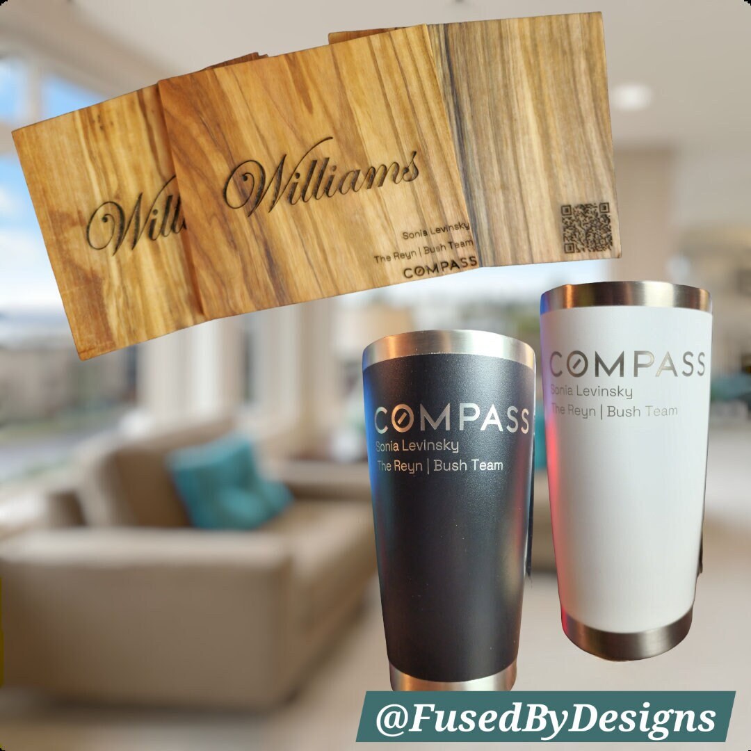 Personalized Travel Mugs / Olive Wood Coasters for Realtors, Real ...