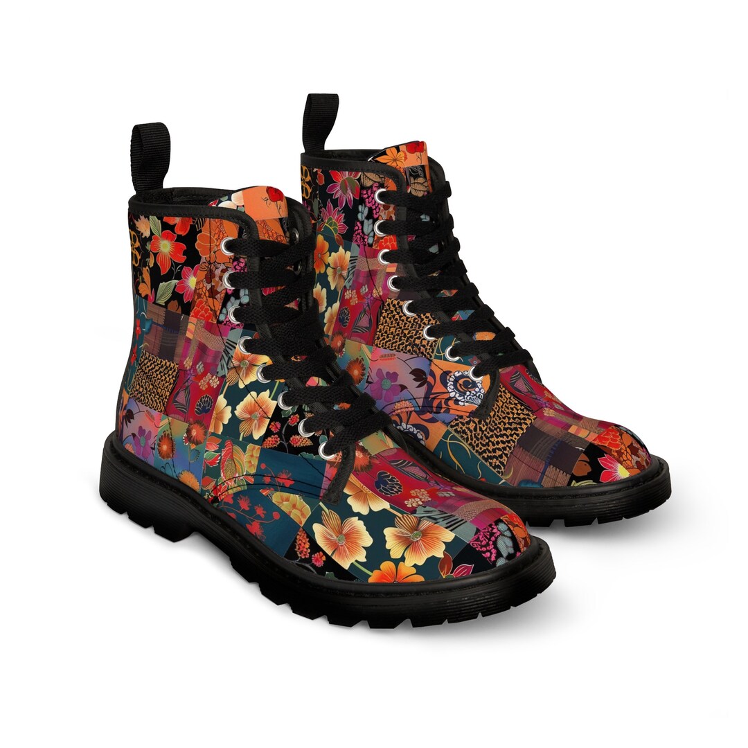 Women's Canvas Boots Patchwork and Flowers Design, Comfortable Combat ...