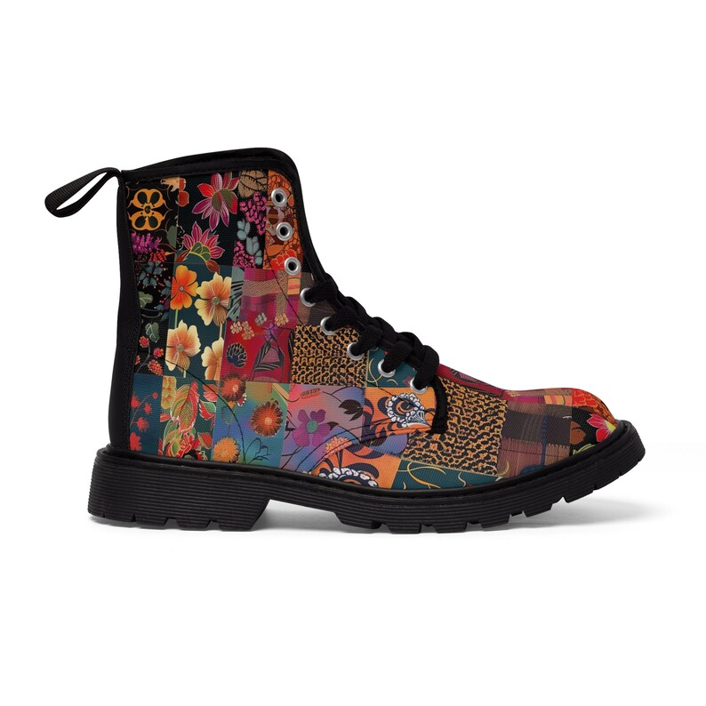 Women's Canvas Boots Patchwork and Flowers Design, Comfortable Combat ...