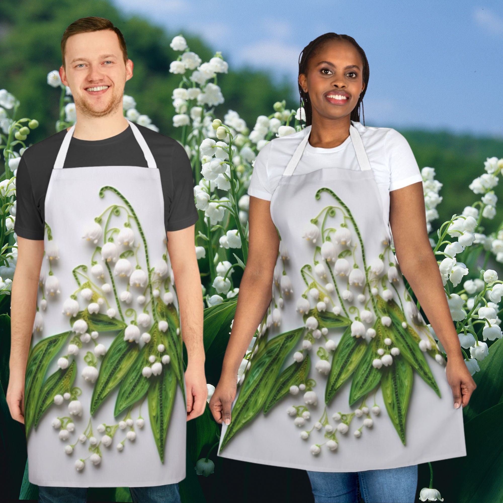 Printed Embroidered Lily of the Valley Apron for Kitchen Enchantment ...