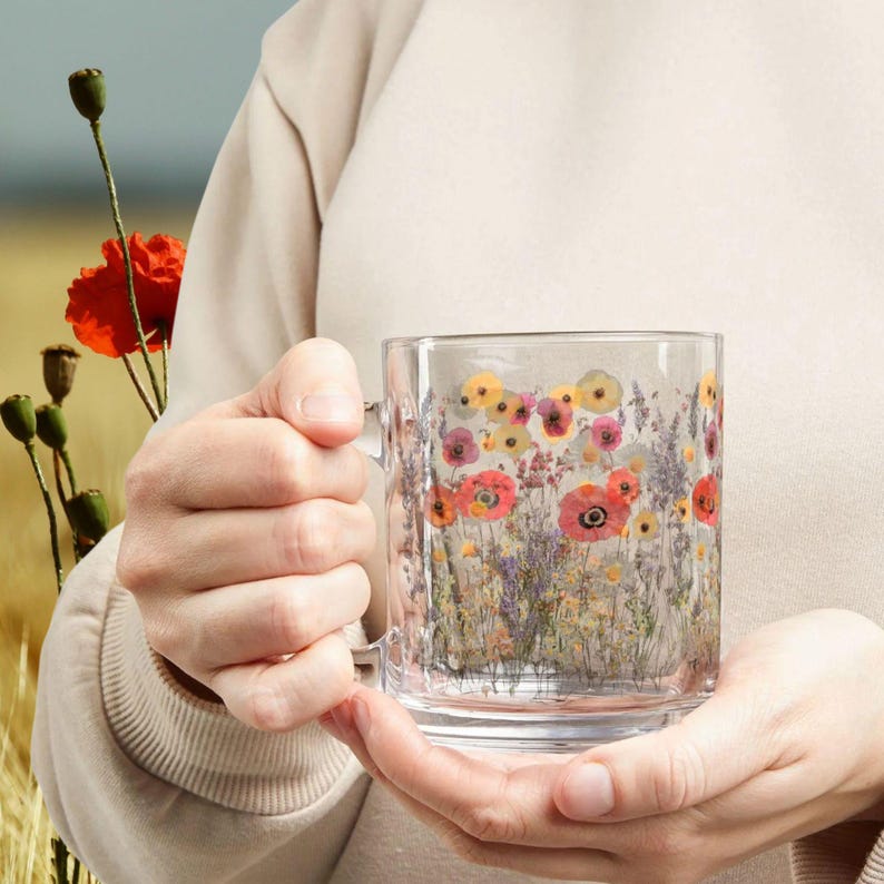 Wildflower Poppies Glass Mug | Floral Meadow Print, 10oz - Etsy