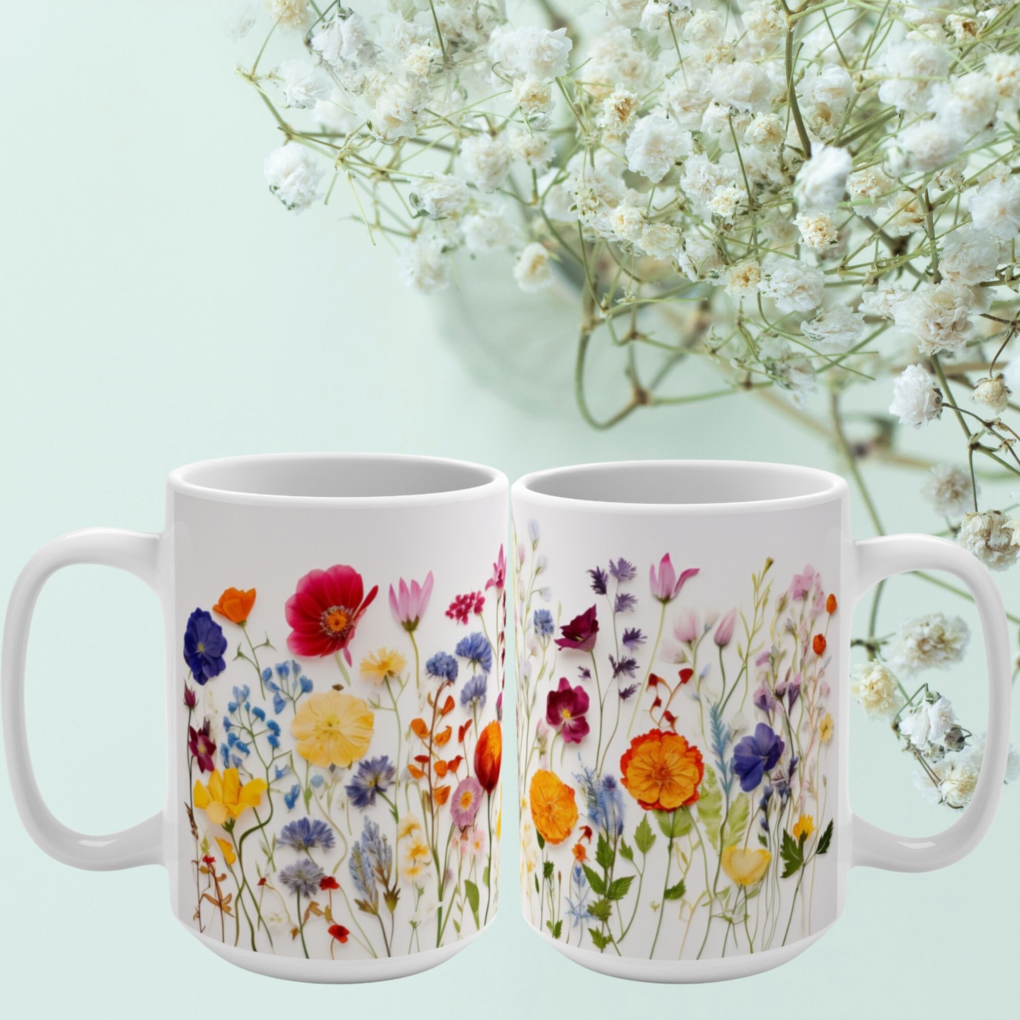 Pressed Flowers Mug, Boho Wildflowers Cottagecore Coffee Mug, Flower ...