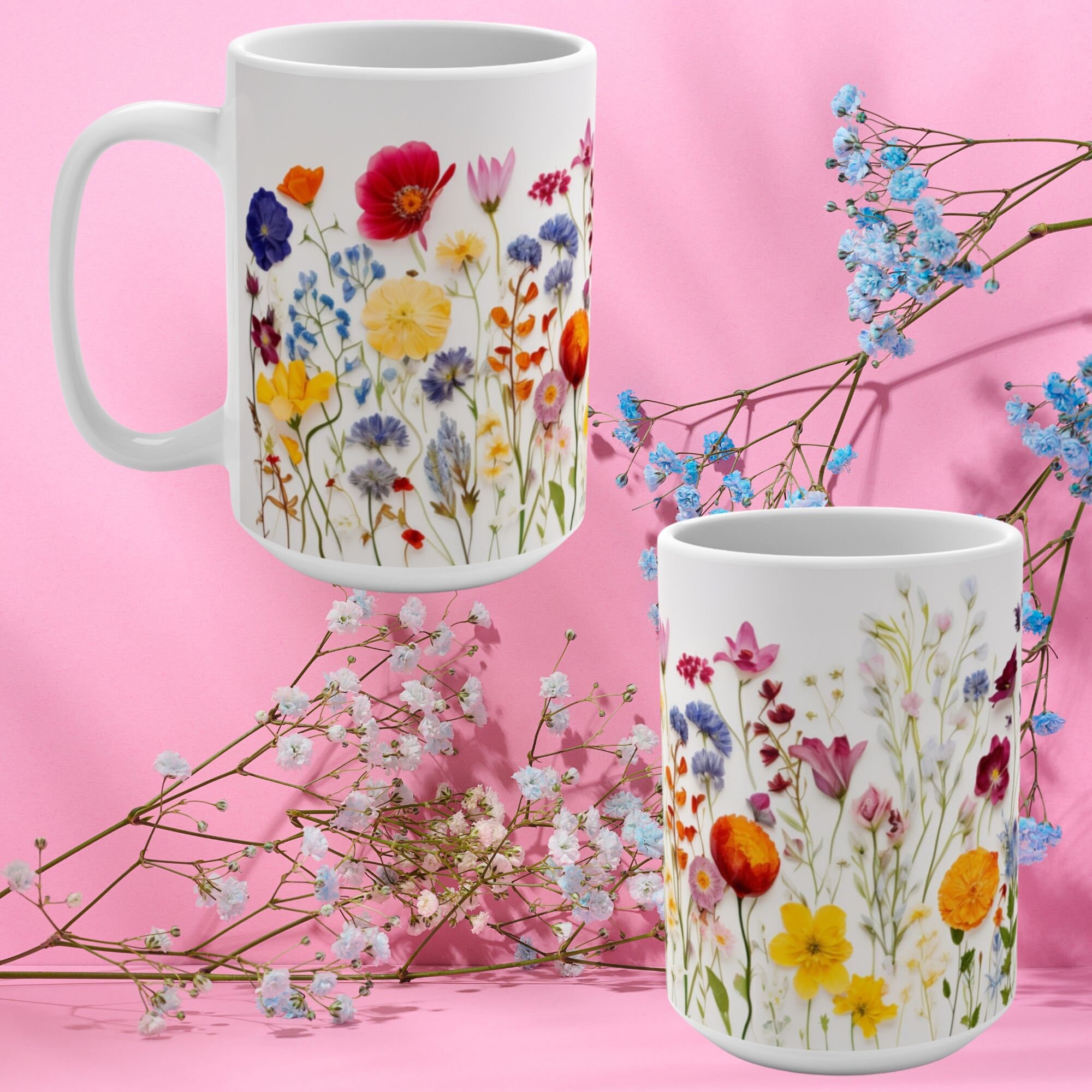 Pressed Flowers Mug, Boho Wildflowers Cottagecore Coffee Mug, Flower ...