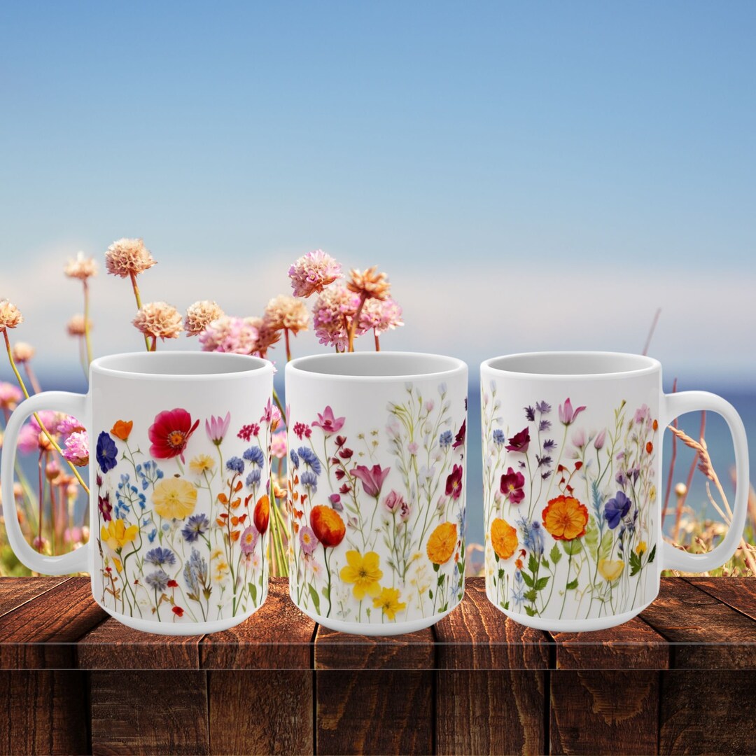 Pressed Flowers Mug, Boho Wildflowers Cottagecore Coffee Mug, Flower ...