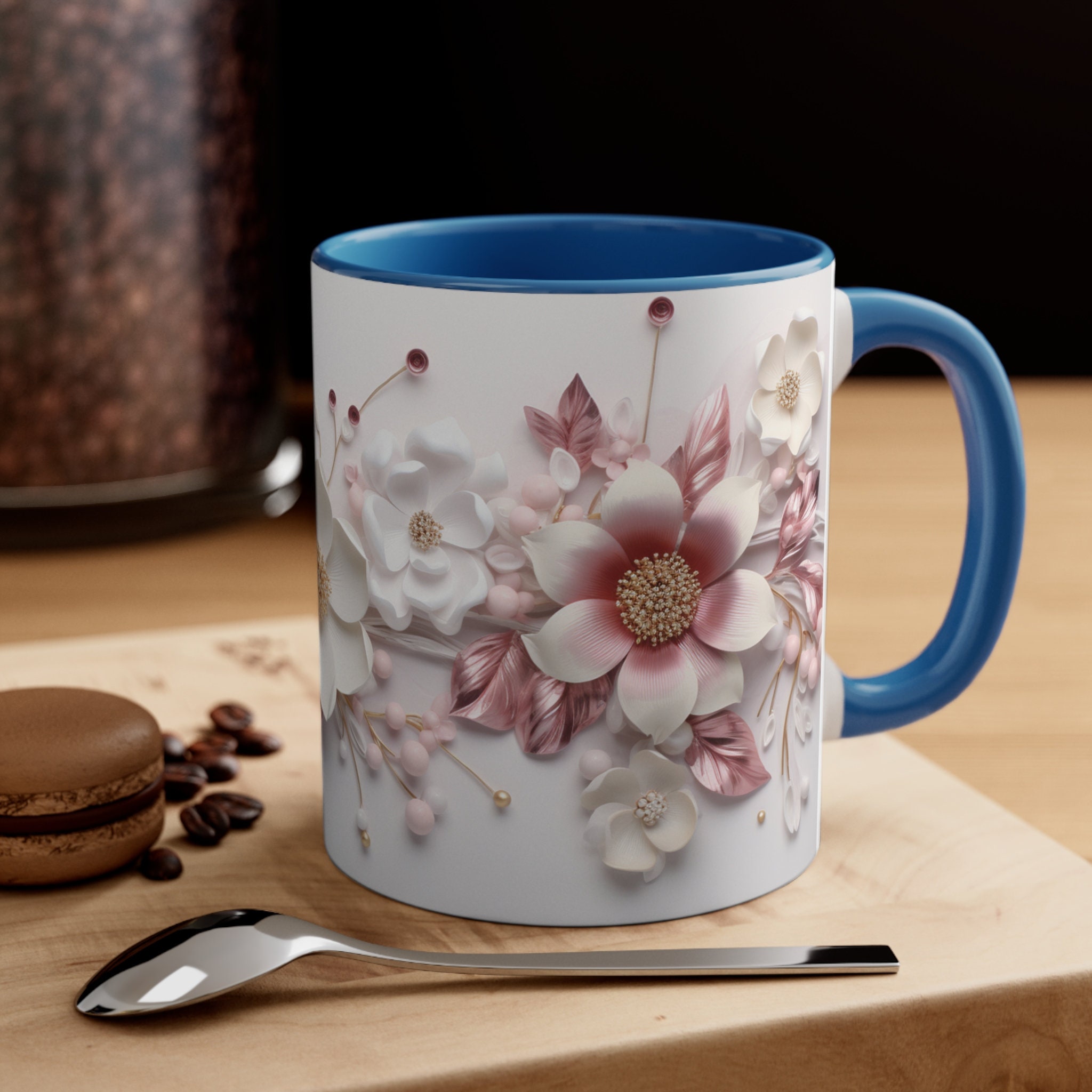 4D Embroidered Pink Flowers Mug, Coffee & Tea Mug, Gift Mug for Girlr ...