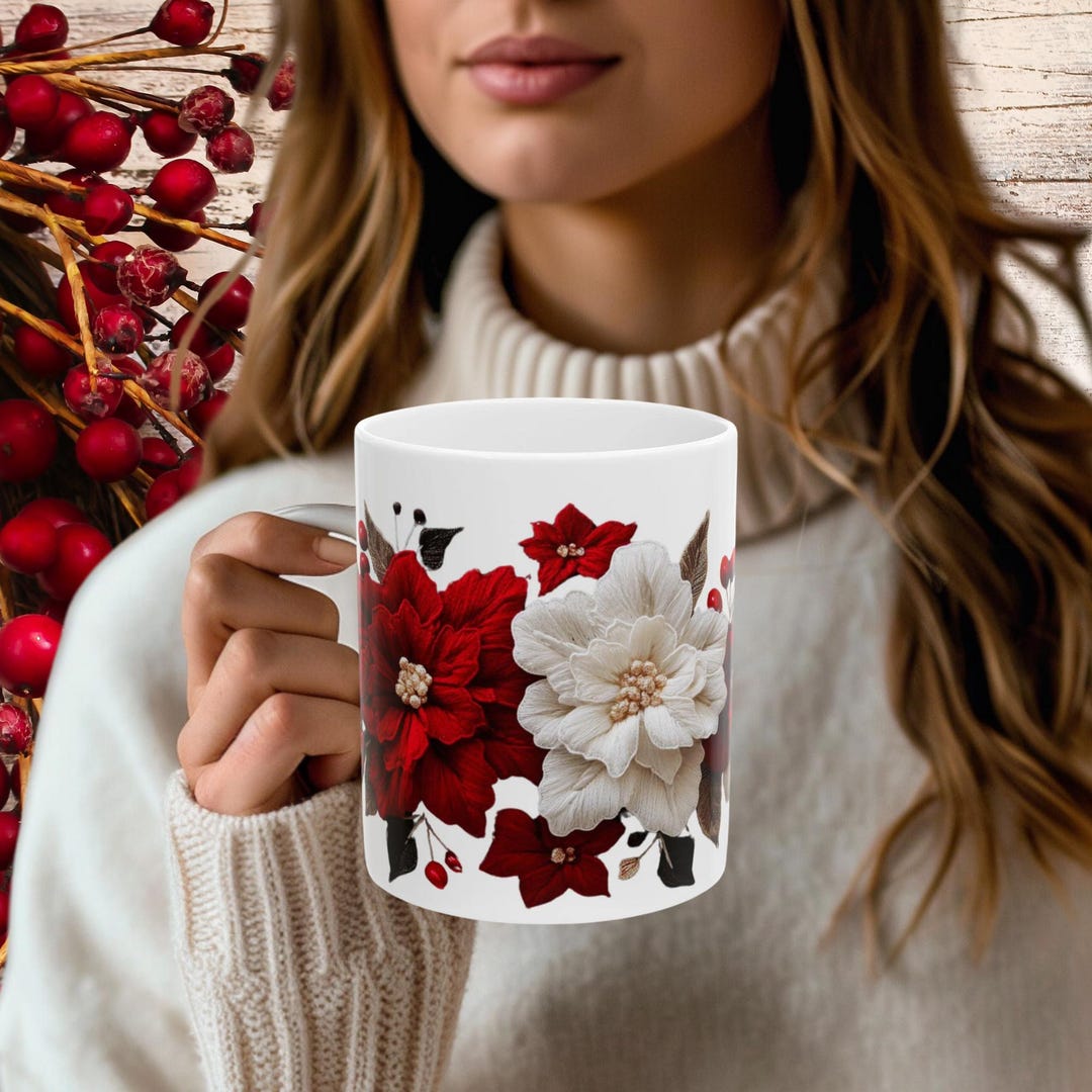 Embroidered Flower Coffee Mug Embroidered Flower Tea Mug Embroidered ...