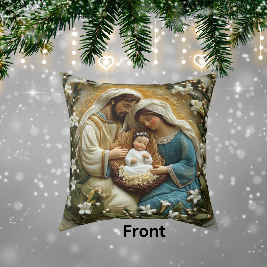 Christmas Nativity Scene Cushion Print Embroidered Baby Jesus With Lily ...