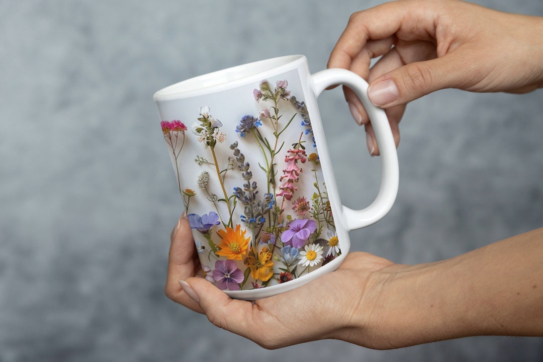 Pressed Flowers Coffee Mug: Boho Wildflower Ceramic Tea Cup - Etsy