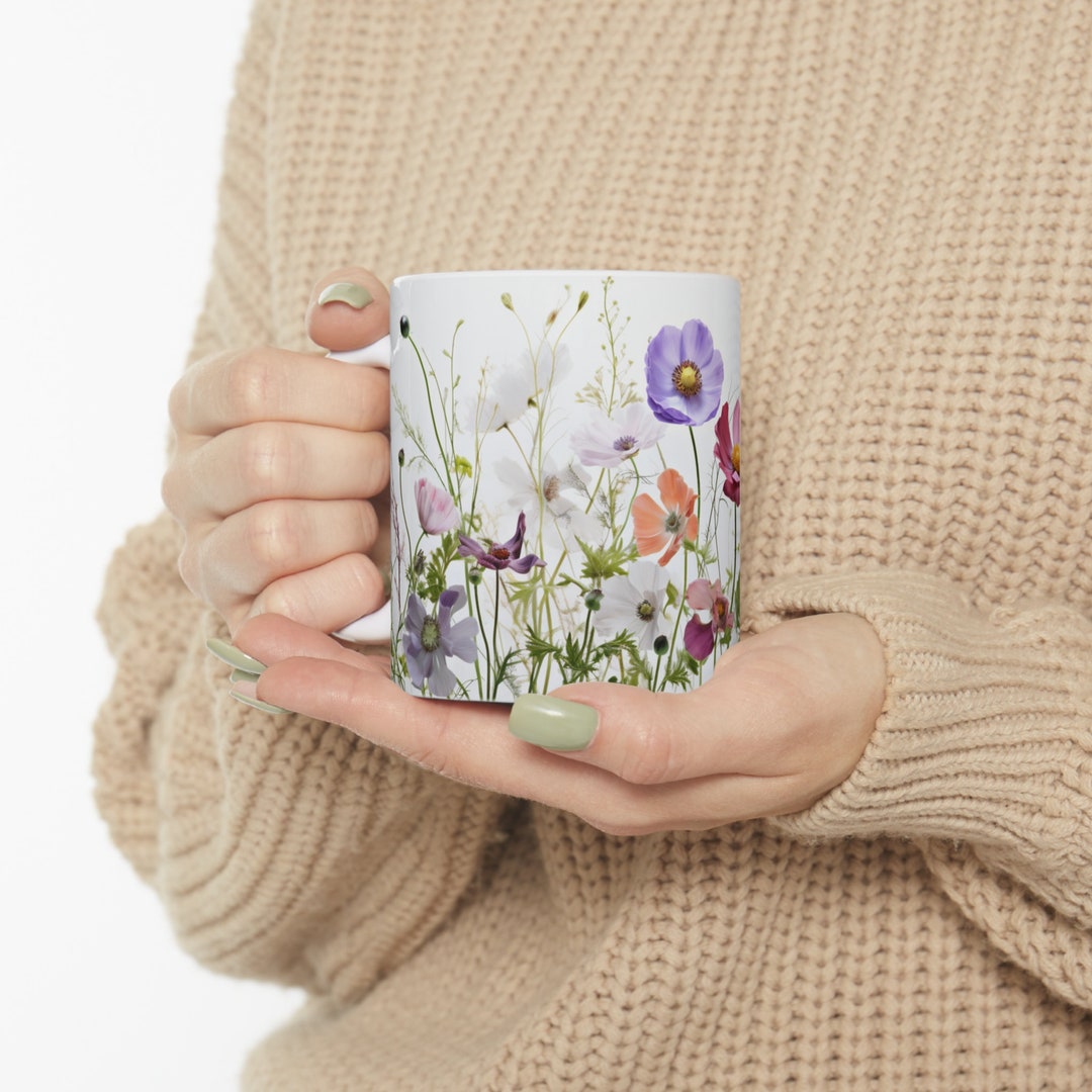 Pressed Flowers Mug, Boho Wildflowers Cottagecore Coffee Mug, Flower ...