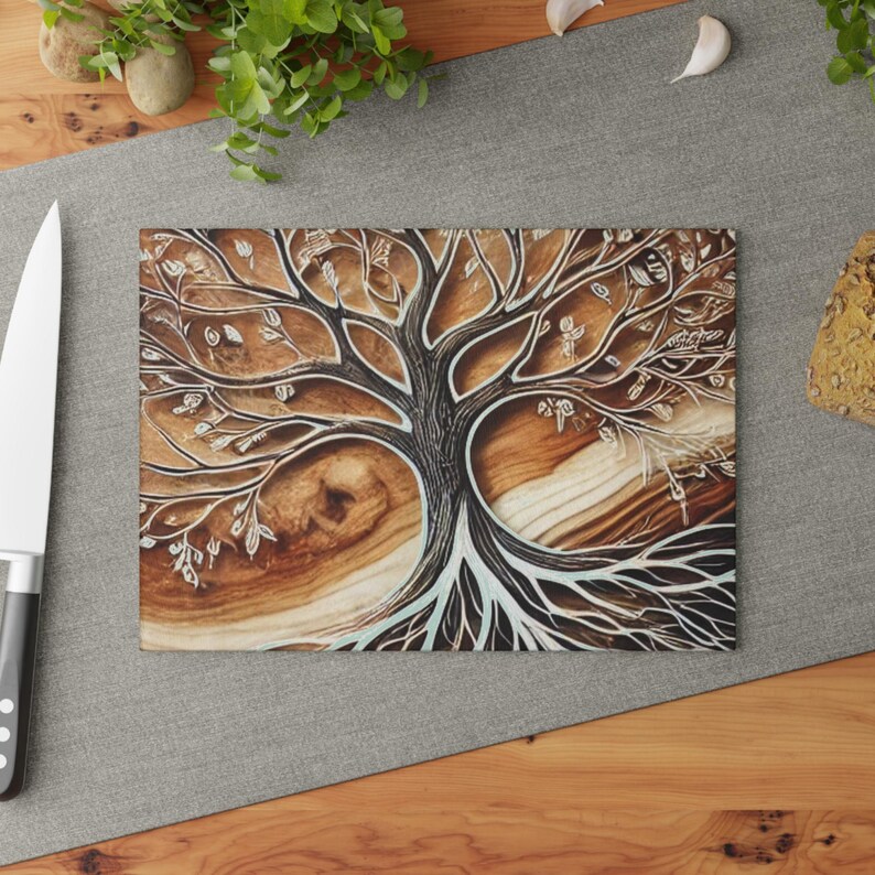 Tree of Life Glass Charcuterie Board: Wood Look Print, Tempered Glass ...