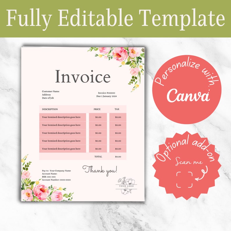 Floral Invoice Template Editable, Small Business Custom Order Form ...