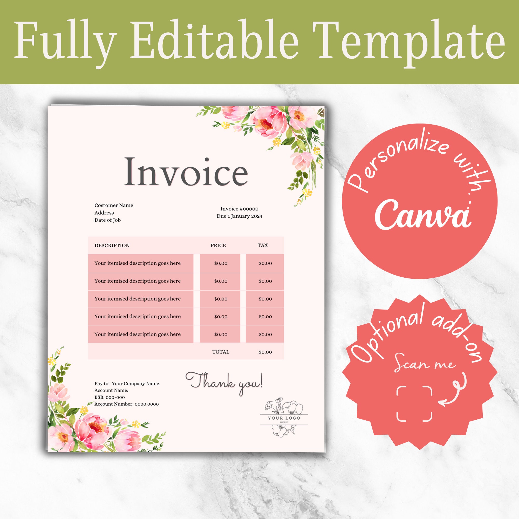 Floral Invoice Template Editable, Small Business Custom Order Form ...