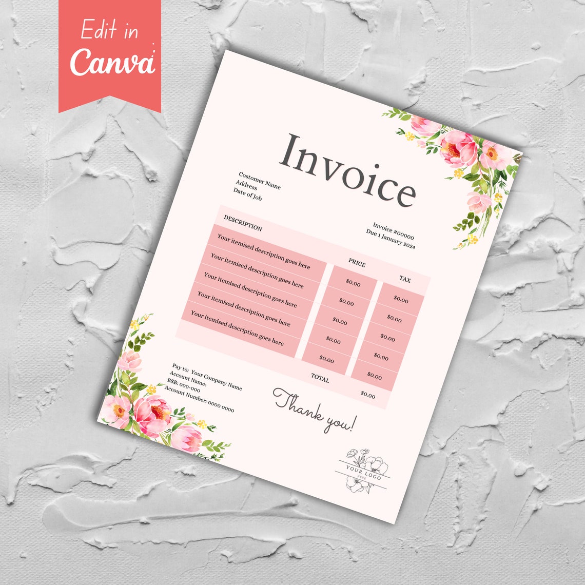 Floral Invoice Template Editable, Small Business Custom Order Form ...