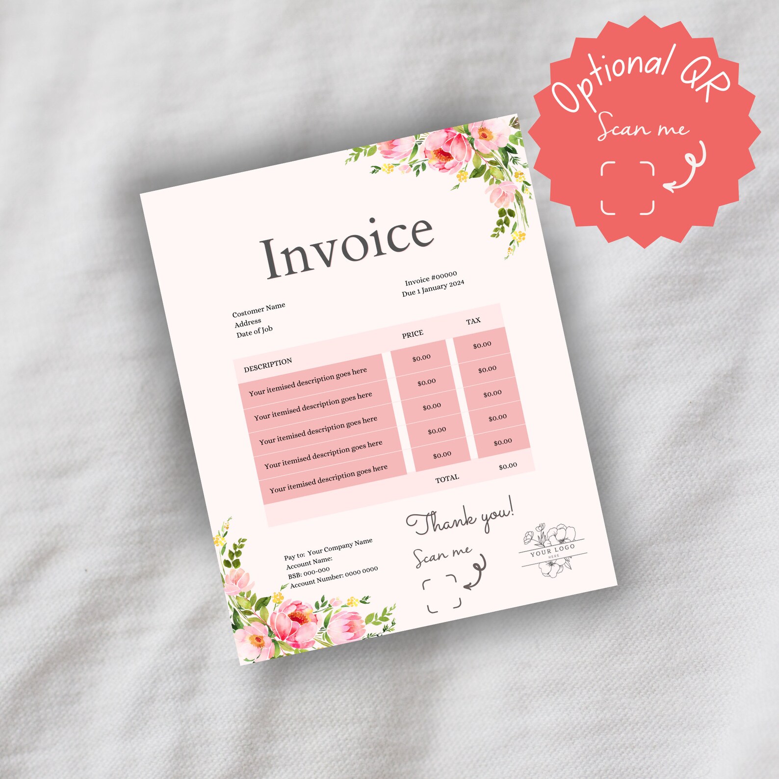 Floral Invoice Template Editable, Small Business Custom Order Form ...