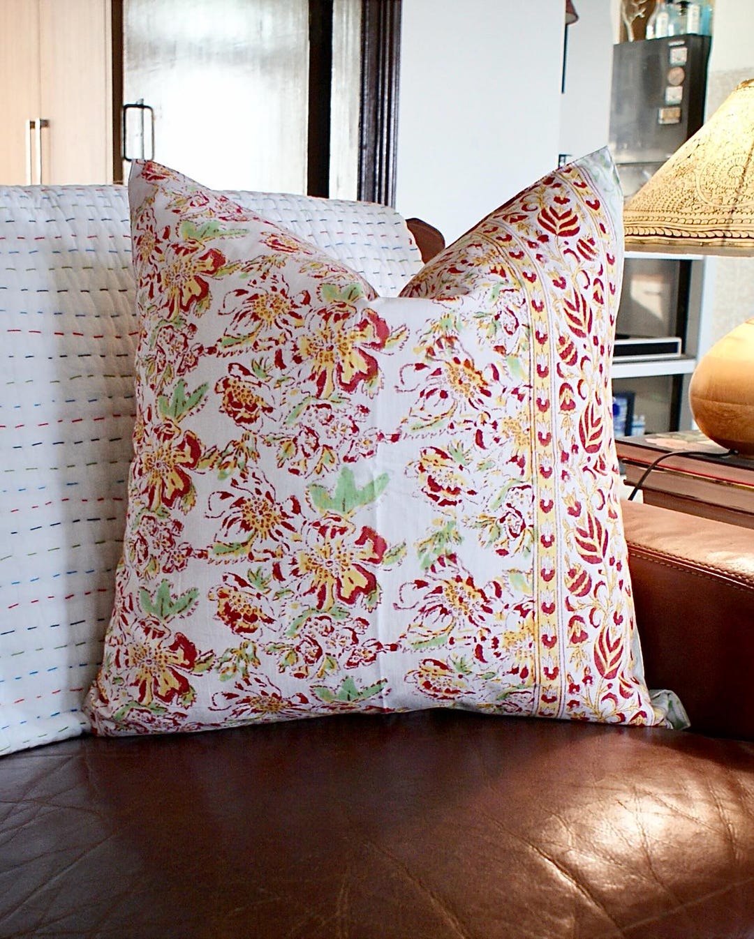 22" Set of 2 Floral Red Yellow Block Print, Farmhouse Pillow, Bohemian ...