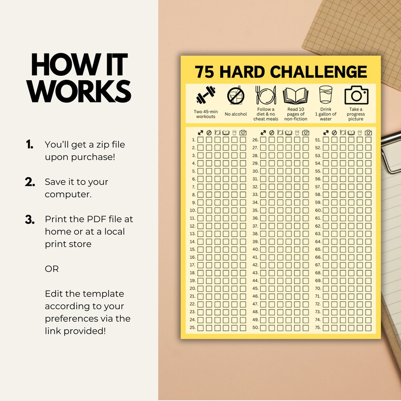 75 Hard Challenge Tracker Printable, Editable 75 Soft Challenge,basic ...