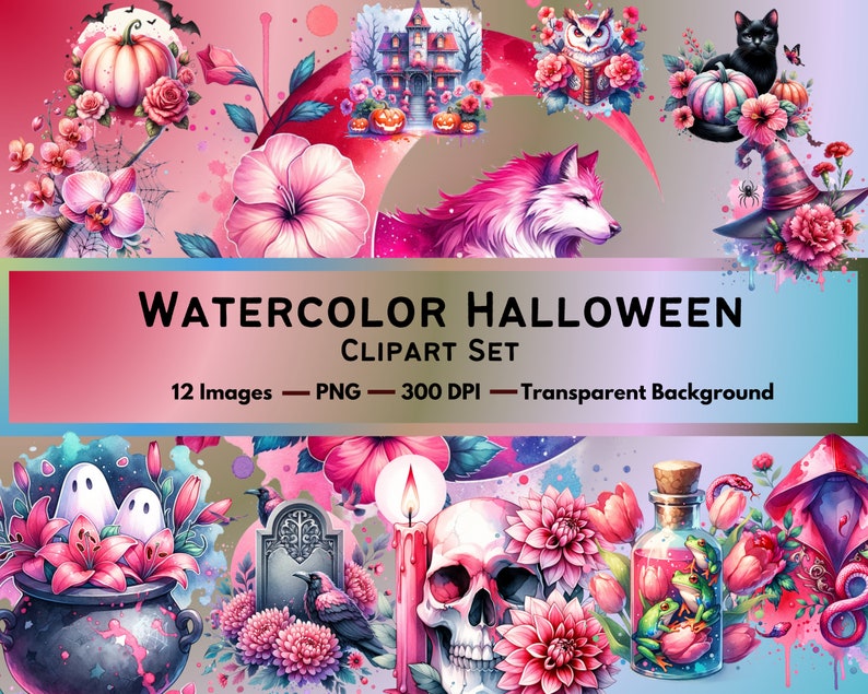 Watercolor Halloween Clipart Set, Digital PNG Files, 12 Unique Designs ...