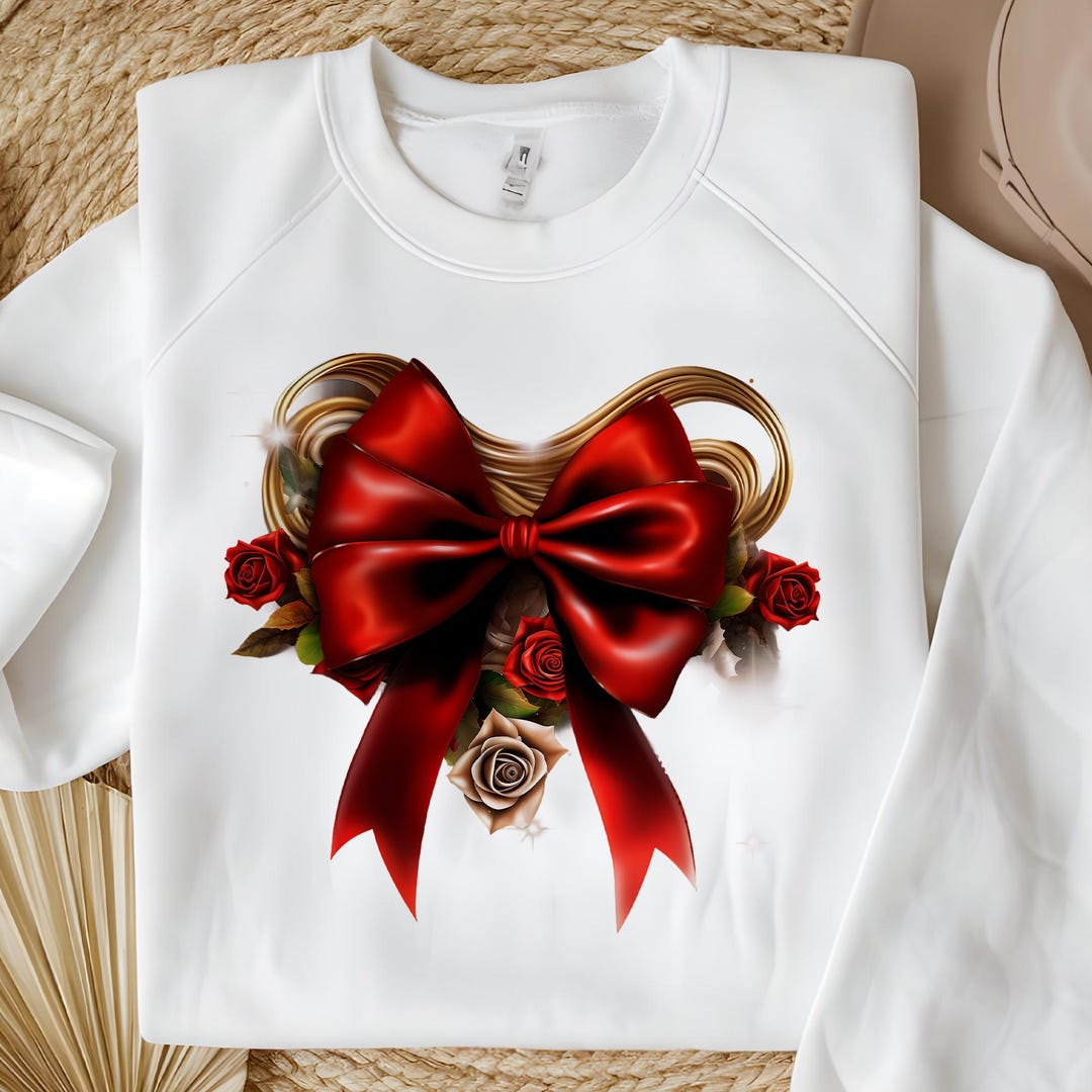 Red Bow Rose Floral Digital PNG, Holiday Garland With Roses and Bow PNG ...