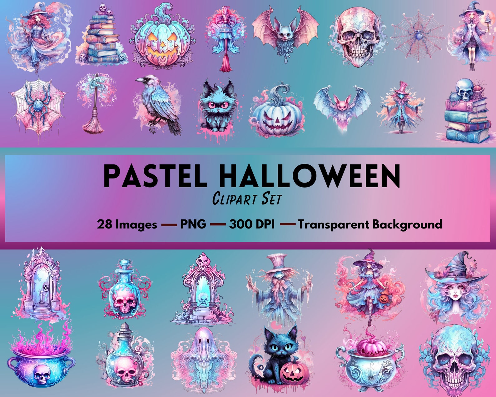 Pastel Halloween Clipart Set, Cute Skull Bat Spider, Digital Download ...