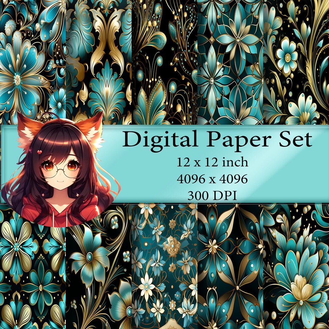 Turquoise Menu Pattern Floral Digital Paper Set, Seamless Pattern, Gold ...
