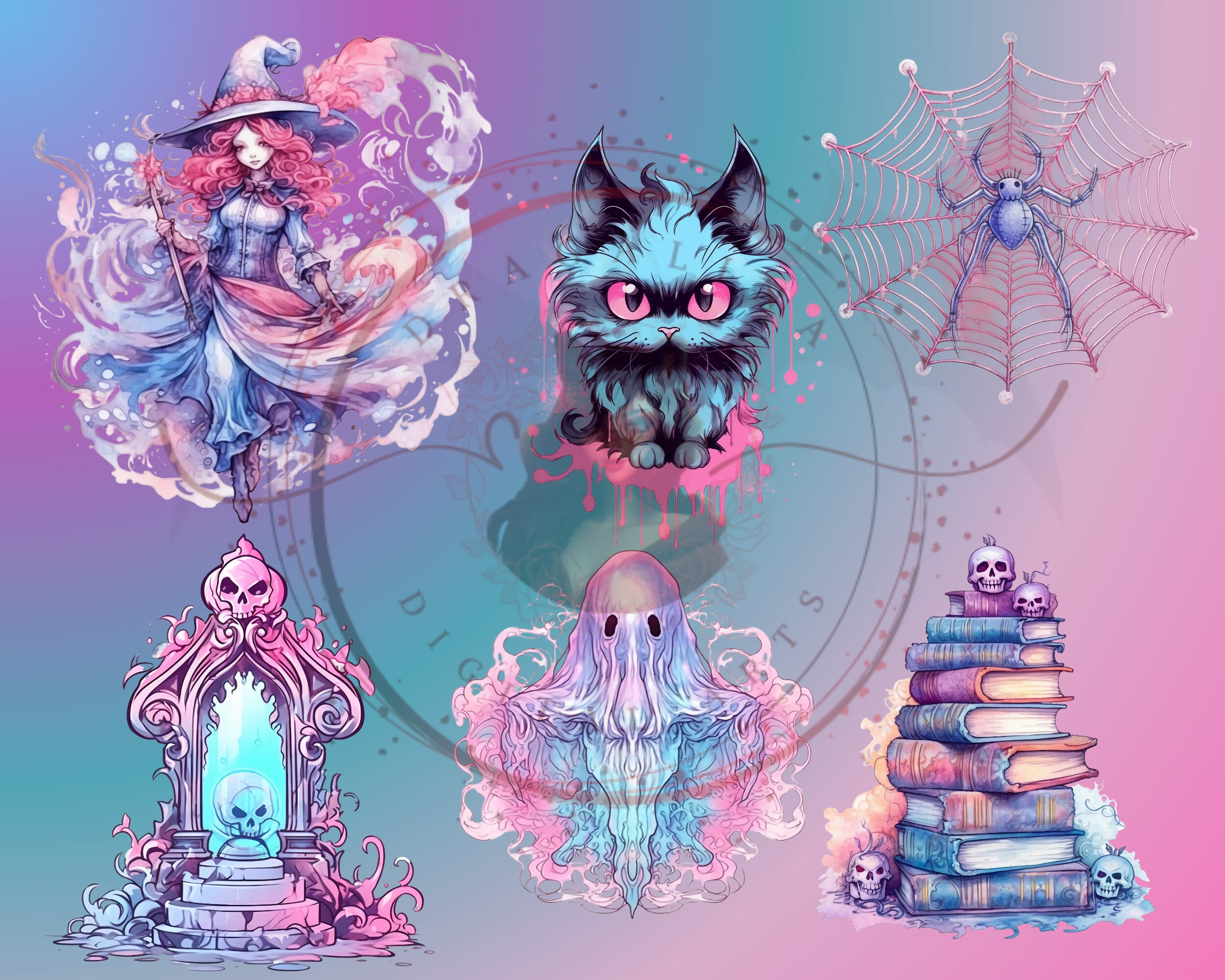 Pastel Halloween Clipart Set, Cute Skull Bat Spider, Digital Download ...