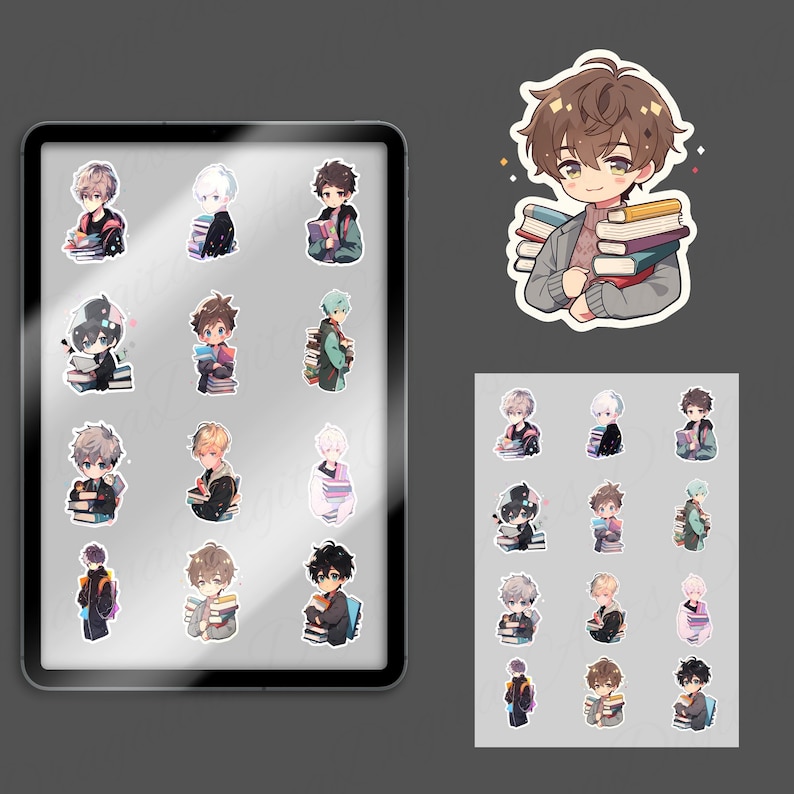 Anime Boy Holding Books Digital Stickers, Pre-cropped Individual, Pngs ...