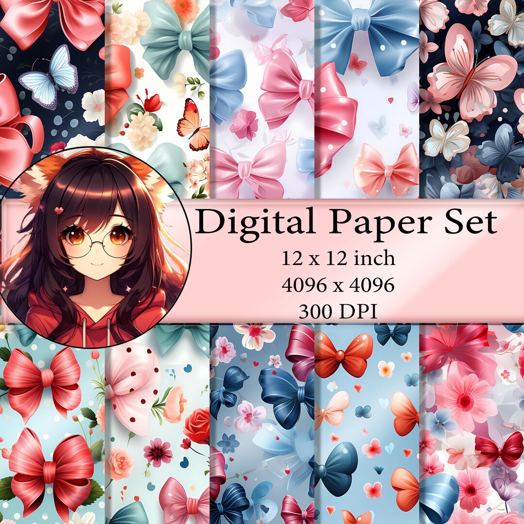 Coquette Style Bows Ver 2 Digital Paper Set, Butterfly Seamless Pattern ...