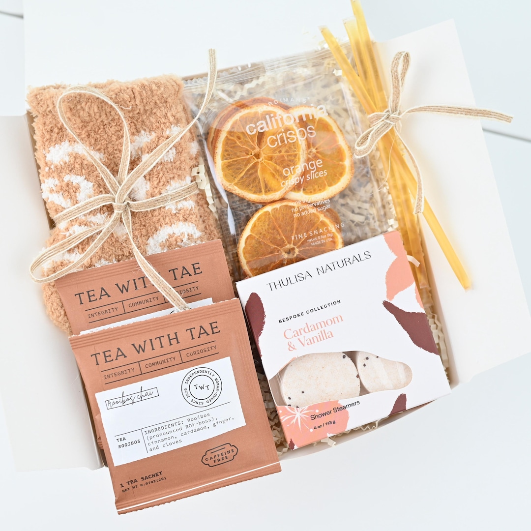 Cozy Self Care Gift Box - Tea, Fuzzy Socks, Dried Orange Slices, Shower ...