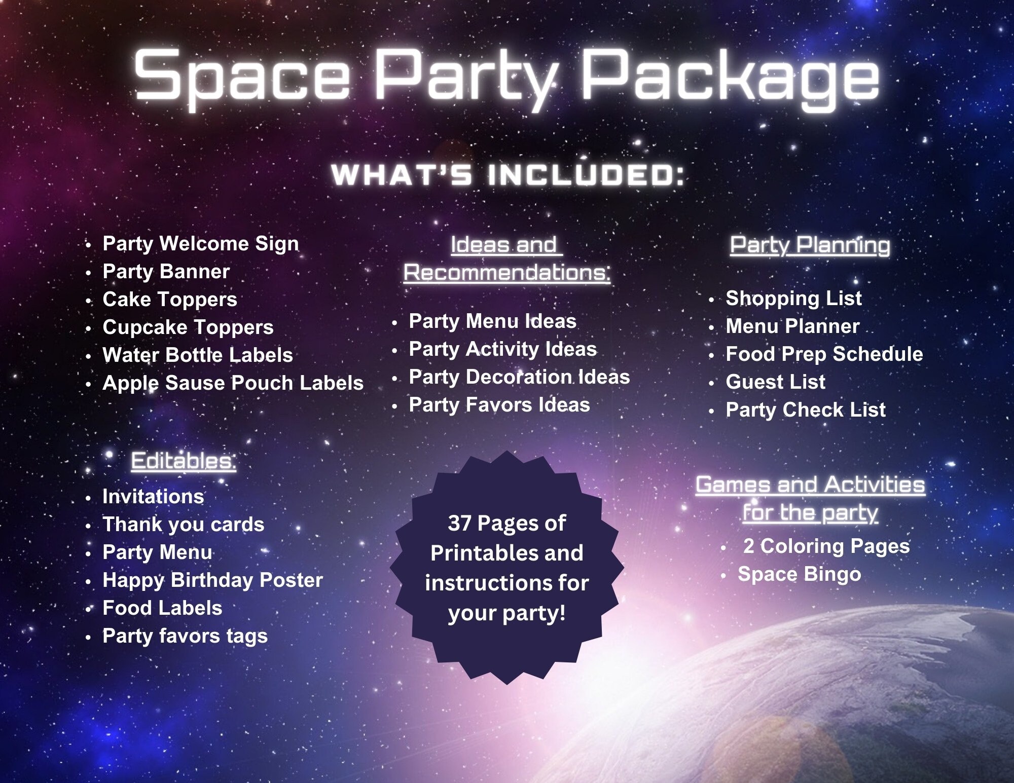 Space Birthday Party Package, Space Birthday Party Printable Bundle ...