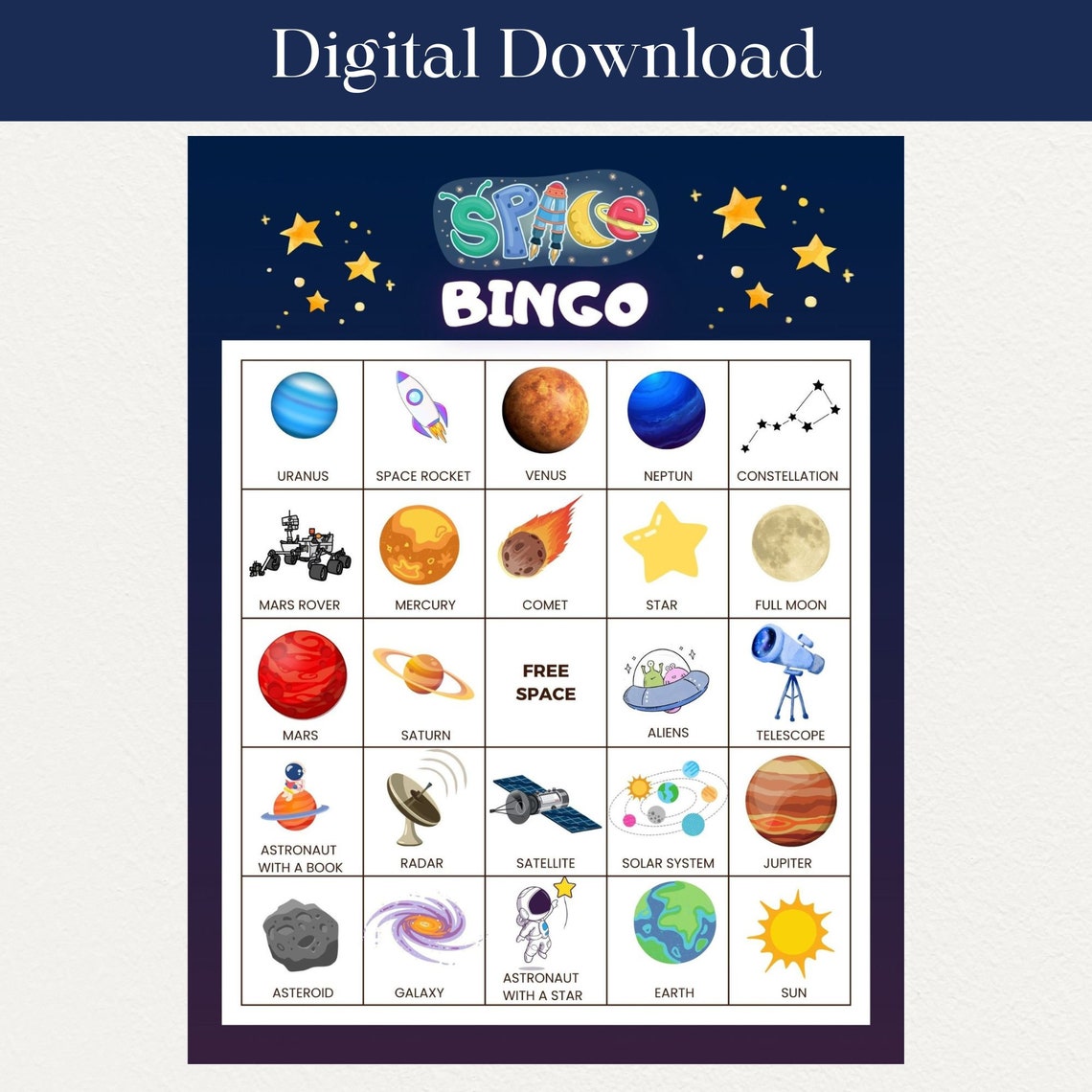 Space Bingo for Kids, Solar System Bingo, Outer Space Bingo, Space ...