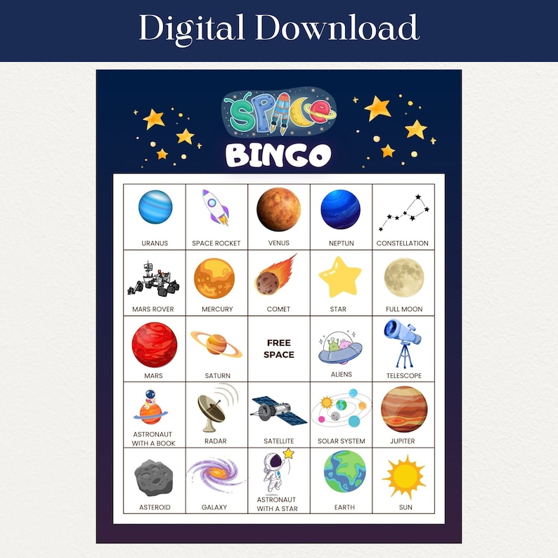 Space Bingo for Kids, Solar System Bingo, Outer Space Bingo, Space ...