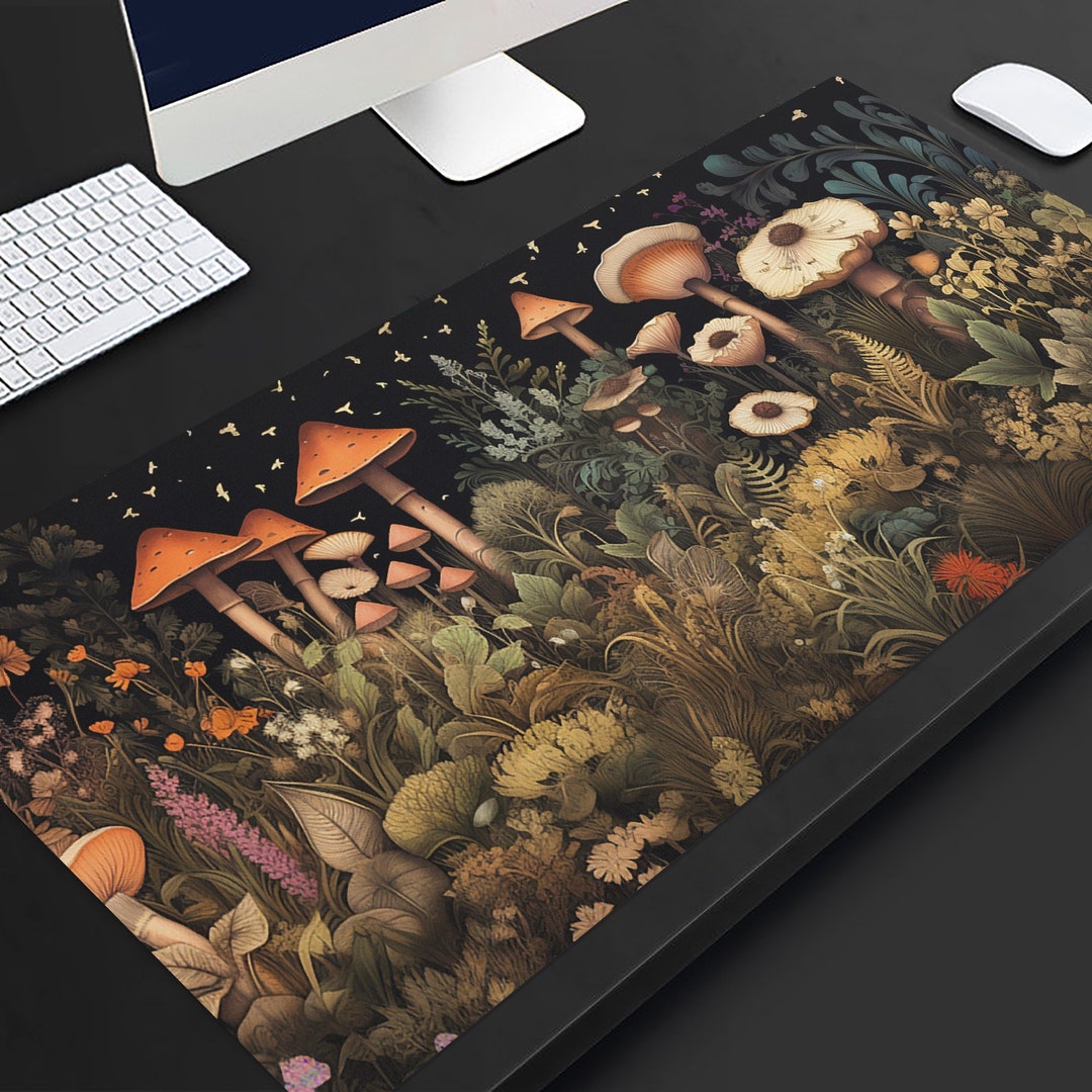 Vintage Botanical Desk Mat Black Aesthetic Mushroom Magical Forest ...
