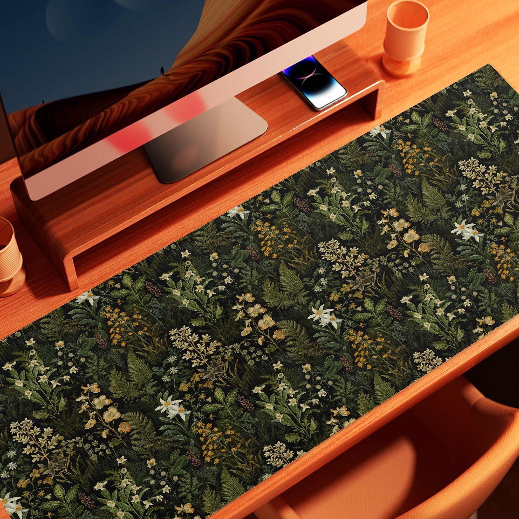 Dark Floral Desk Mat: Witchy Fern Mouse Pad, Black Academia Office ...