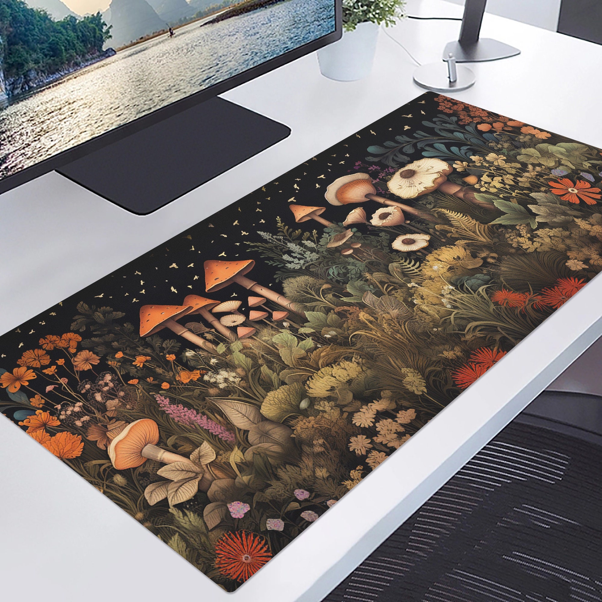 Vintage Botanical Desk Mat, Black Aesthetic Mouse Pads Magical Forest ...