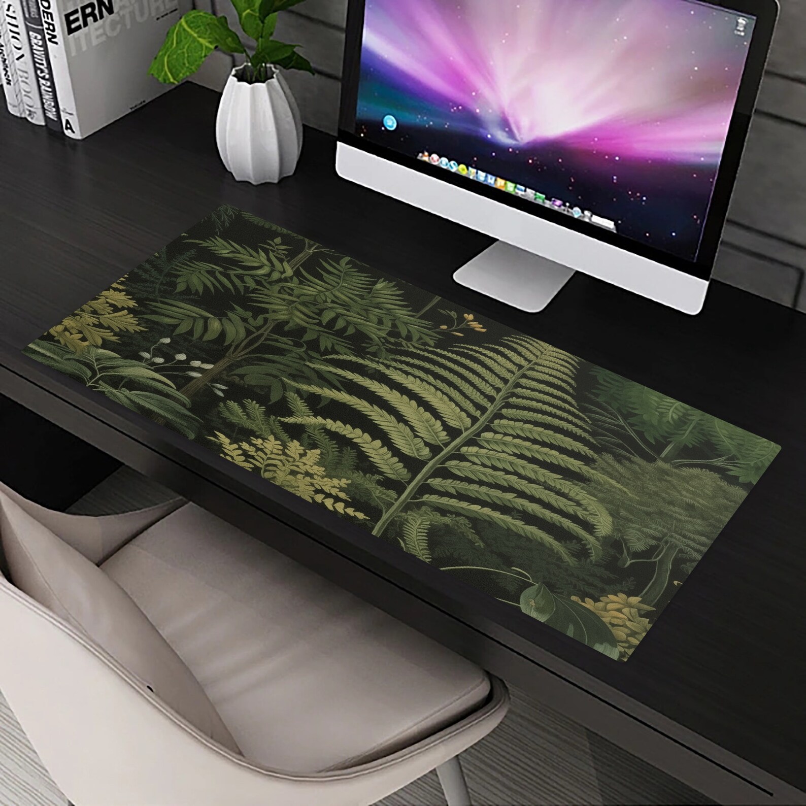 Dark Floral Fern Desk Mat Witchy Mouse Pad Black Aesthetic Forest Green ...