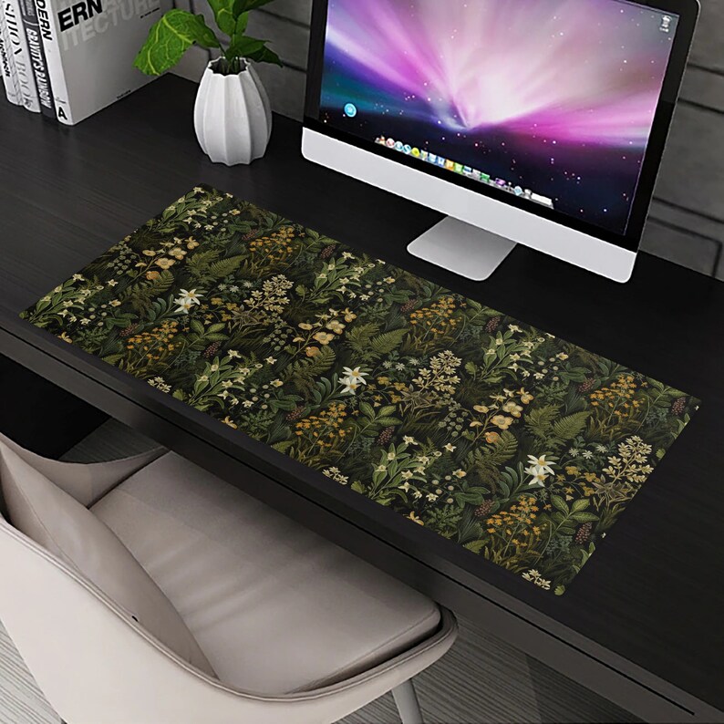 Dark Floral Desk Mat: Witchy Fern Mouse Pad, Black Academia Office ...