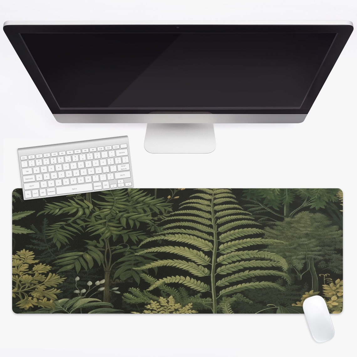 Dark Floral Fern Desk Mat Witchy Mouse Pad Black Aesthetic Forest Green ...