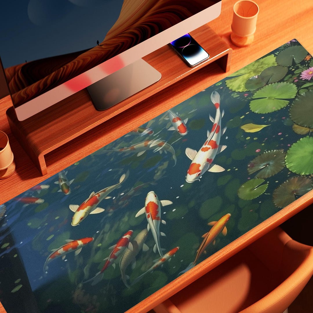 Vintage Koi Fish Pond Anime Kawaii Botanical Desk Mat Aesthetic Magical ...