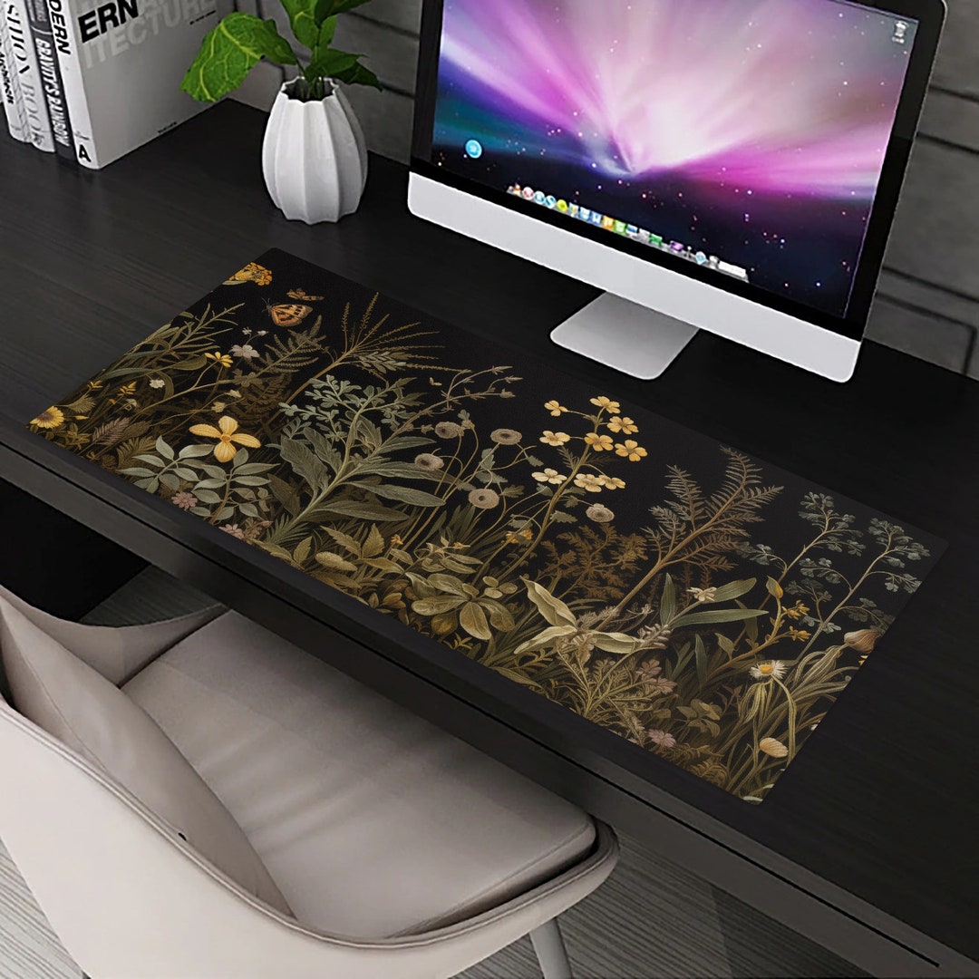 Dark Floral Fern Desk Mat Witchy Mouse Pad Black Aesthetic Forest Green ...