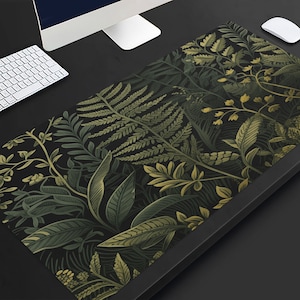 Dark Floral Fern Desk Mat Witchy Mouse Pad Black Aesthetic Forest Green ...